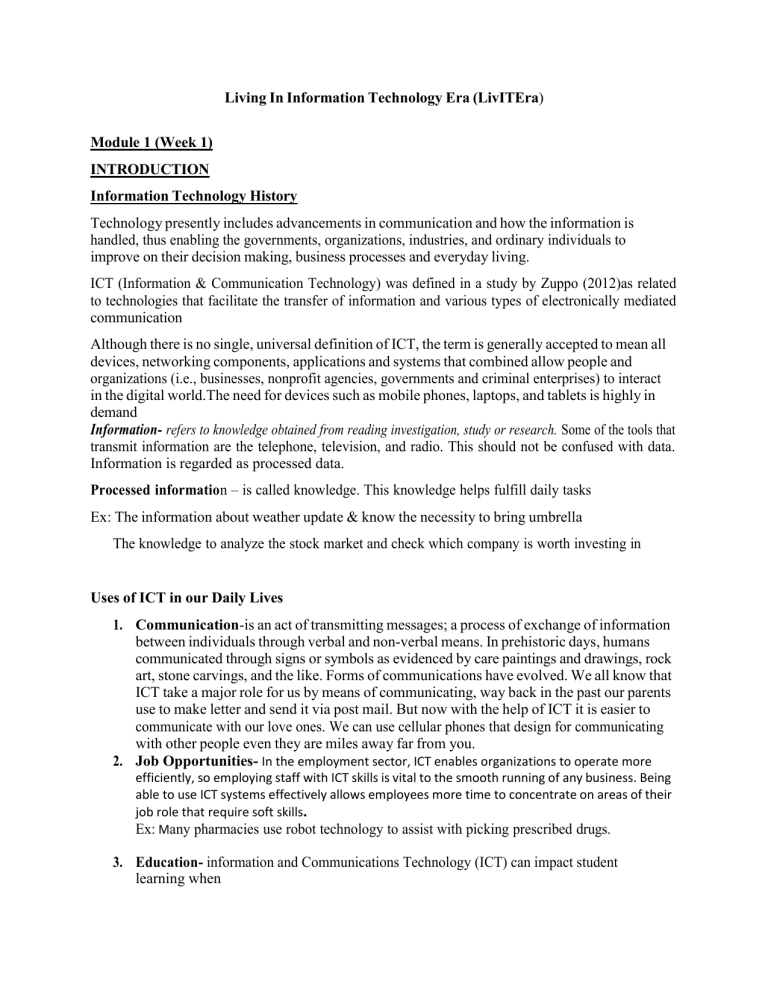 Information Technology Era: History, Computers, & ICT Uses