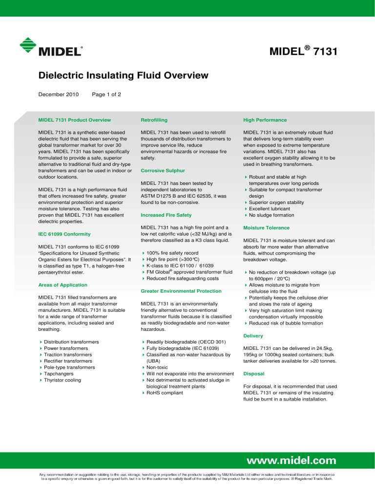 MIDEL 7131 Dielectric Fluid Overview