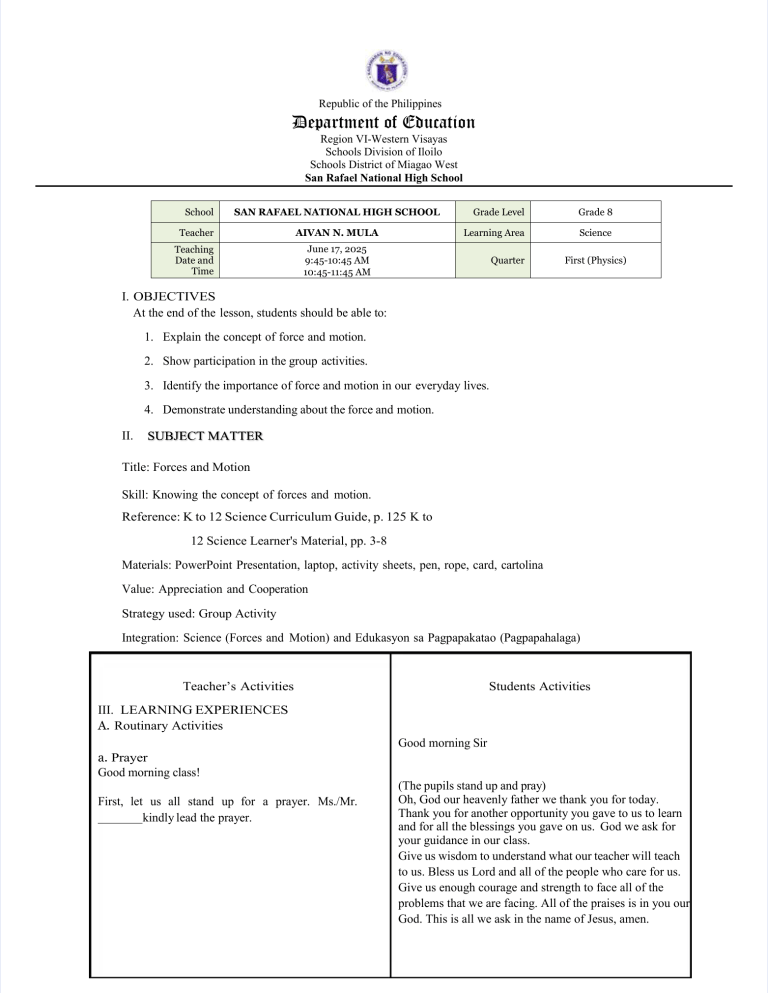 Grade 8 Science: Forces and Motion Lesson Plan