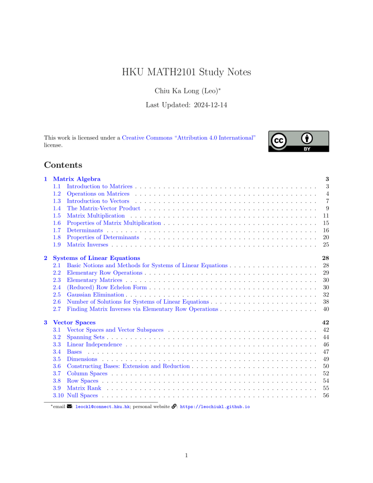 HKU MATH2101 Linear Algebra Study Notes: Matrices & Vector Spaces
