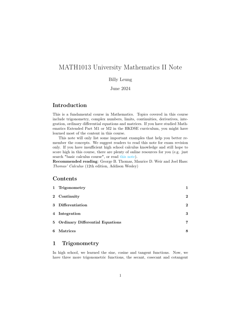MATH1013 University Mathematics II Note: Calculus & Algebra
