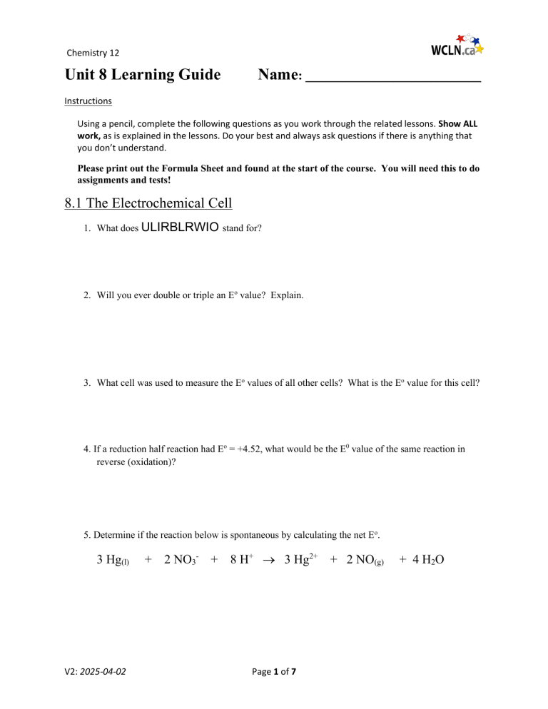 Chemistry 12 Electrochemistry Learning Guide: Cells & Reactions