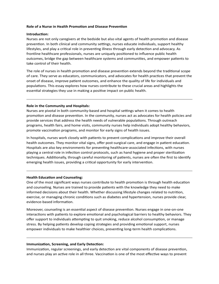 Nurse's Role in Health Promotion & Disease Prevention