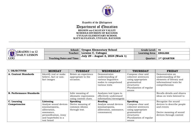 Grade 6 English Daily Lesson Log - Week 1