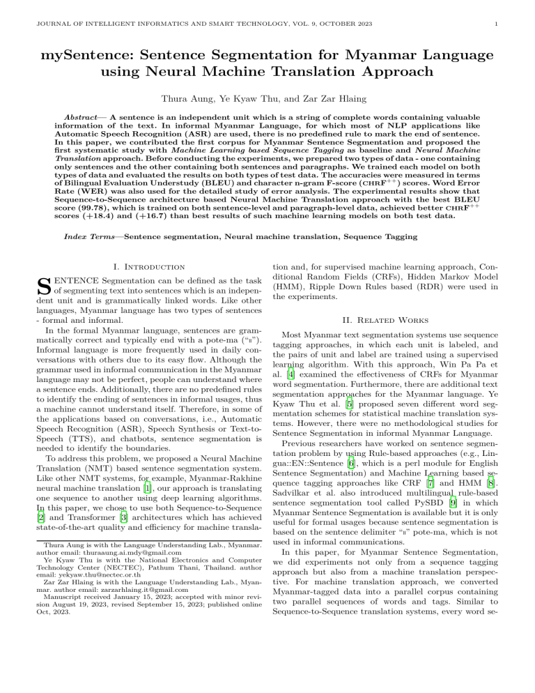 Myanmar Language Sentence Segmentation using Neural Machine Translation