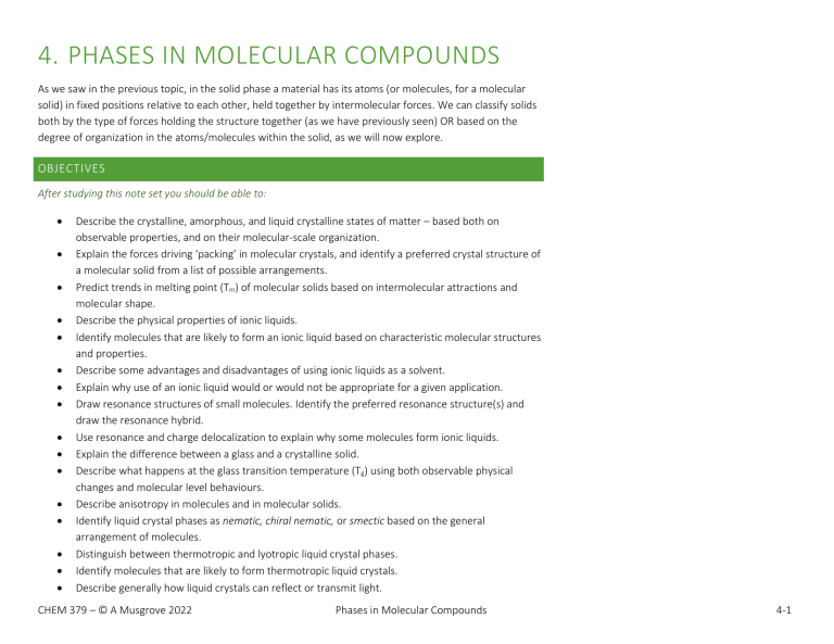 Molecular Compounds: Phases, Melting Points, & Ionic Liquids