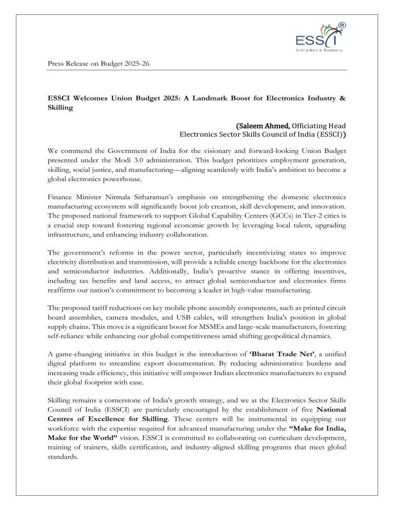 ESSCI Welcomes Union Budget 2025: Electronics & Skilling