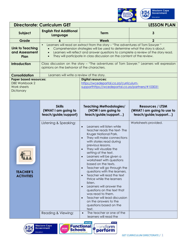 Grade 6 English Lesson Plan: Tom Sawyer & Kruger Park