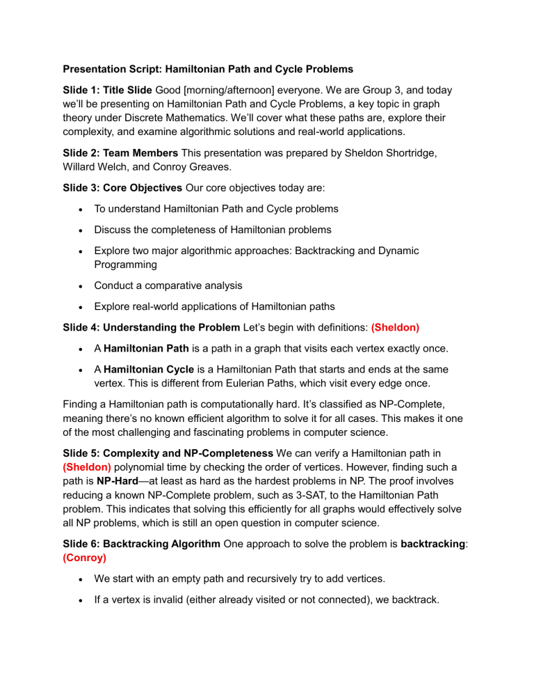 Hamiltonian Path and Cycle Problems Presentation Script
