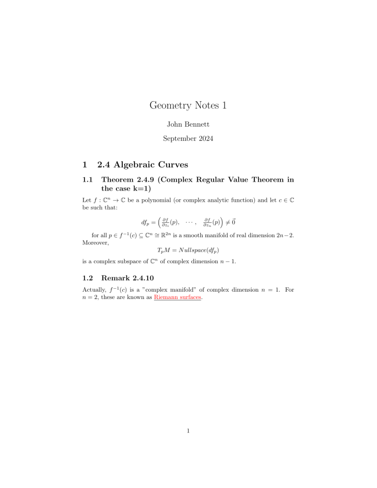 Geometry Notes: Algebraic Curves & Complex Regular Value Theorem