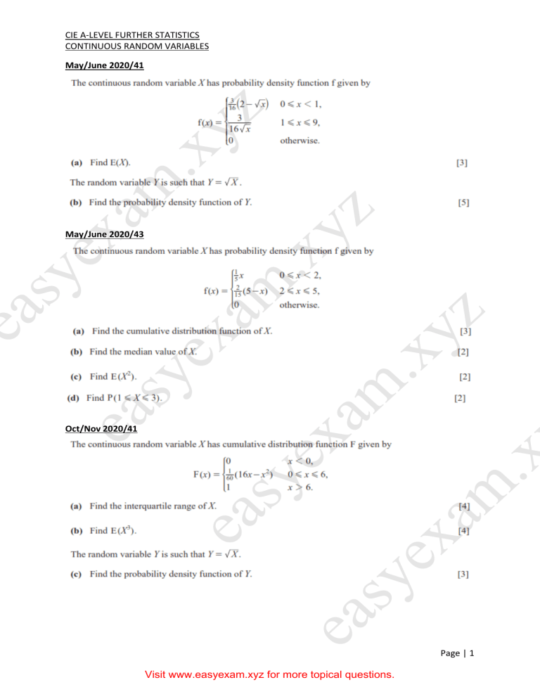 A-Level Further Statistics: Continuous Random Variables