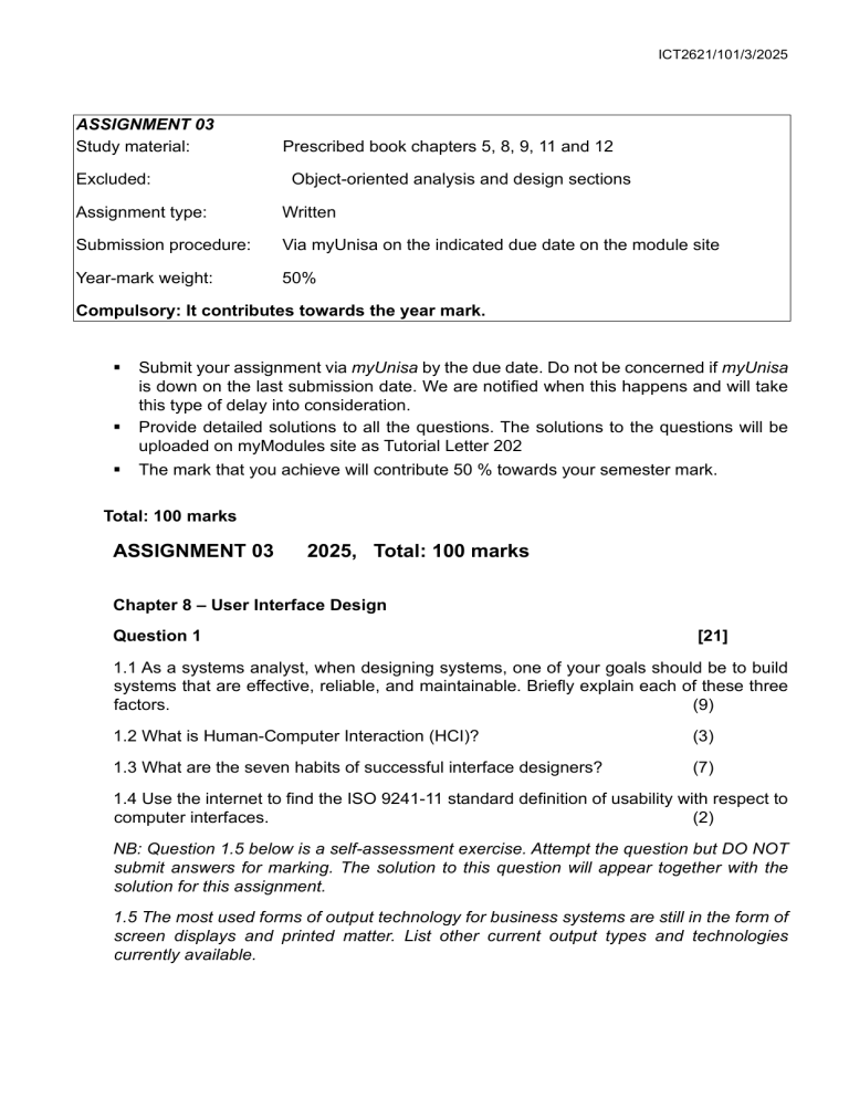 ICT2621 Assignment 03: User Interface, Data Design, Systems
