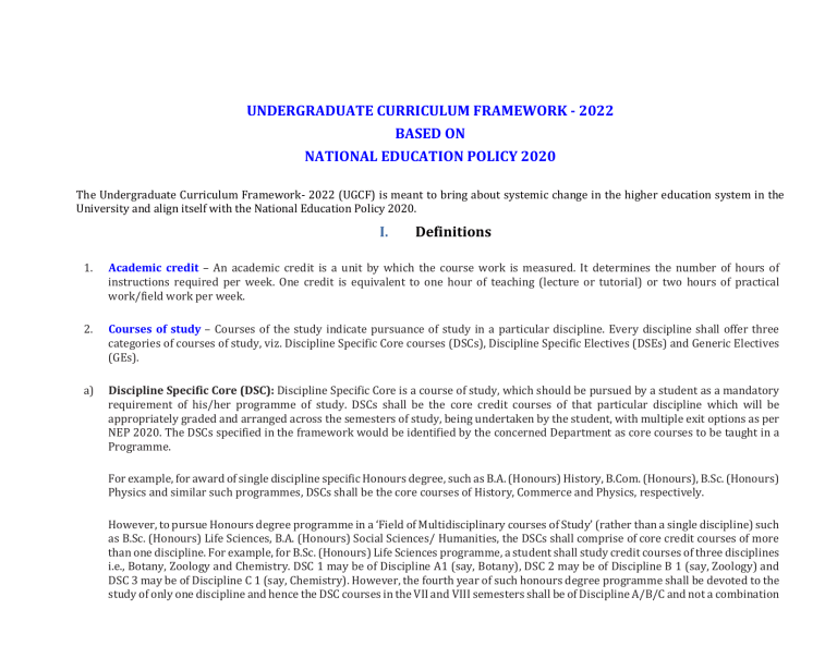 Undergraduate Curriculum Framework 2022 - NEP 2020