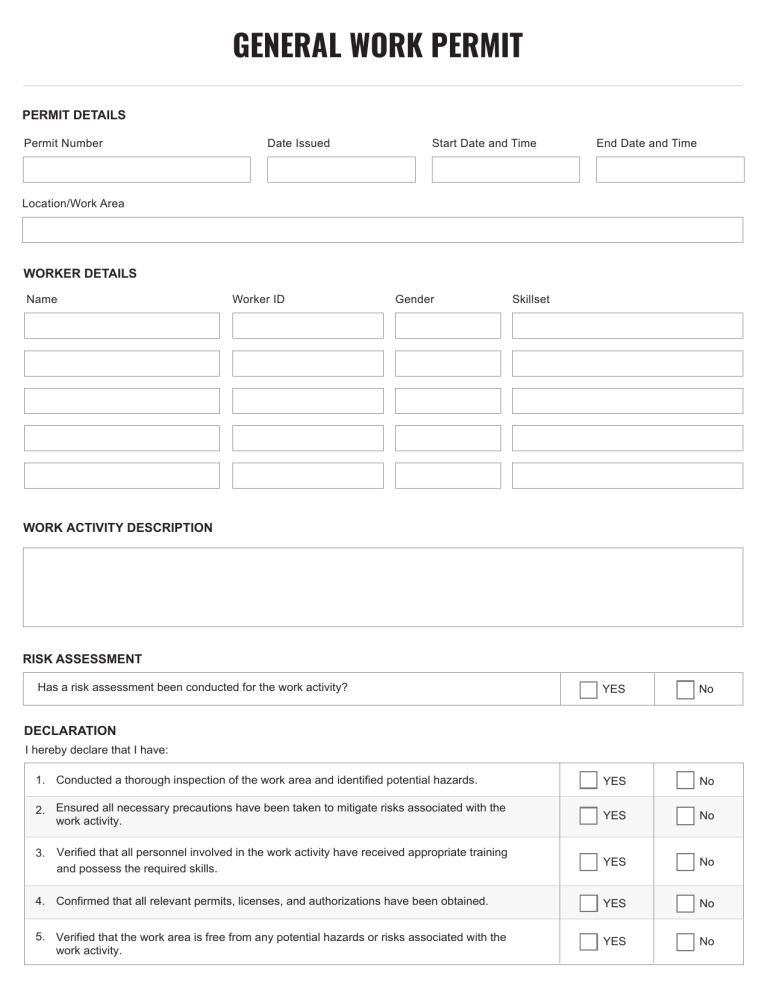 General Work Permit Template | Safety Checklist