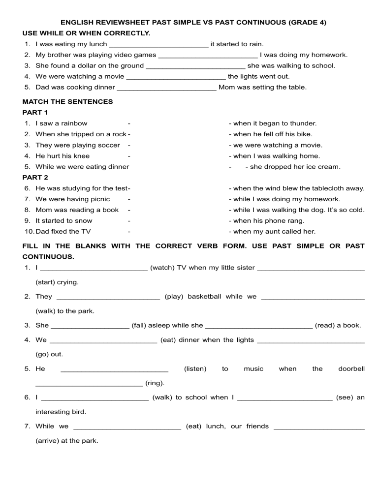 Past Simple vs. Past Continuous Worksheet (Grade 4)