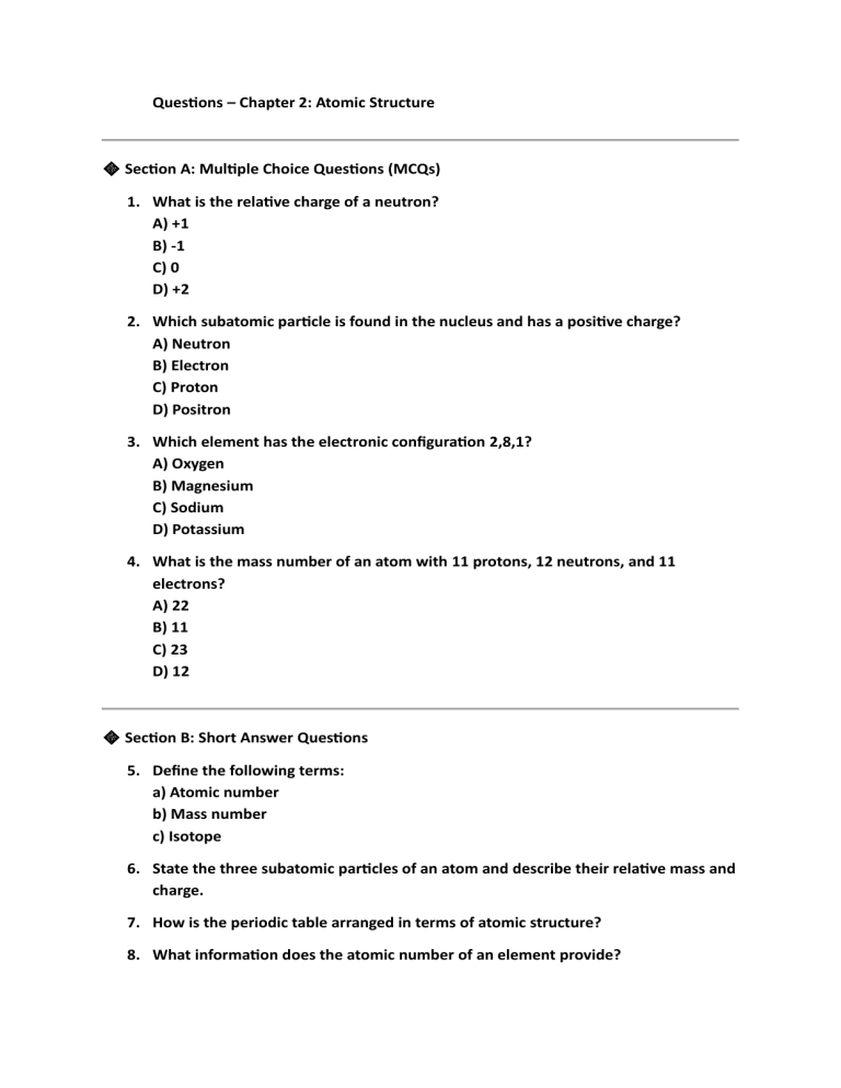Chemistry Questions: Atomic Structure, Bonding, Formulae & Calculations
