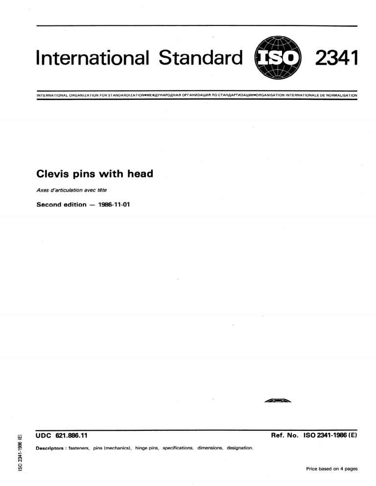 ISO 2341: Clevis Pins with Head - Metric Dimensions Standard