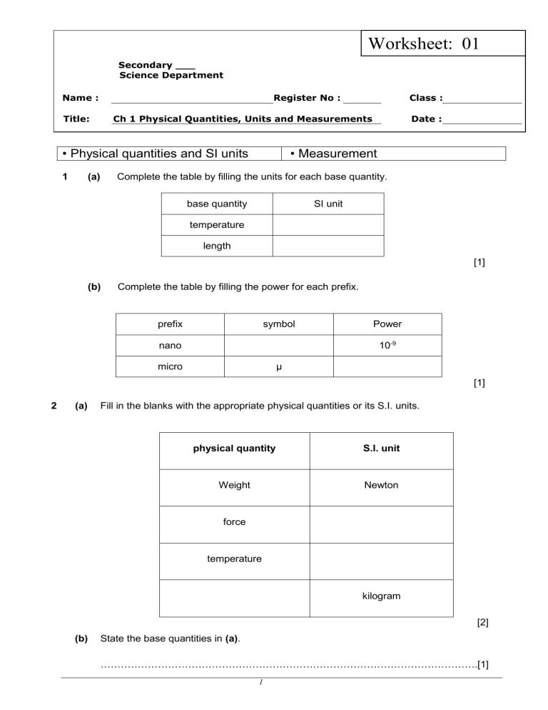 Physical Quantities & Units Worksheet: Secondary Science