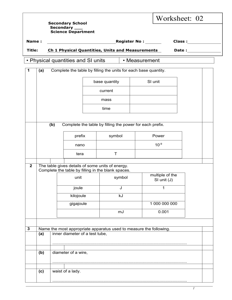 Physical Quantities & Measurement Worksheet - Secondary School