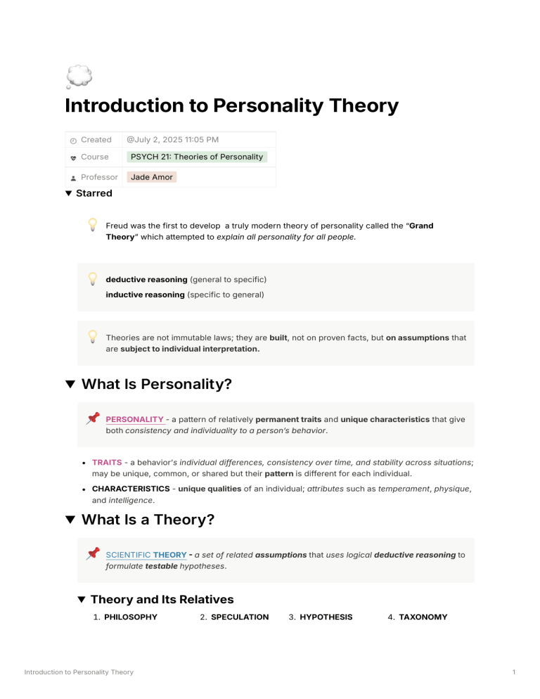 Introduction to Personality Theory Lecture Notes