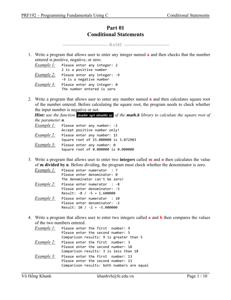 C Programming Conditional Statements Exercises