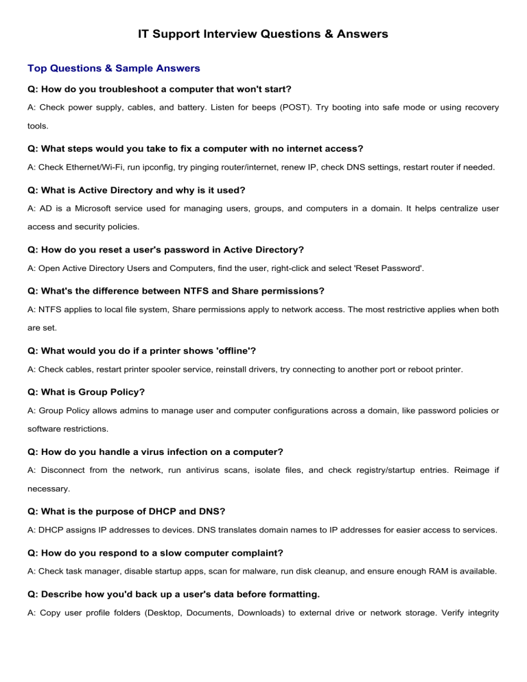IT Support Interview Questions & Answers