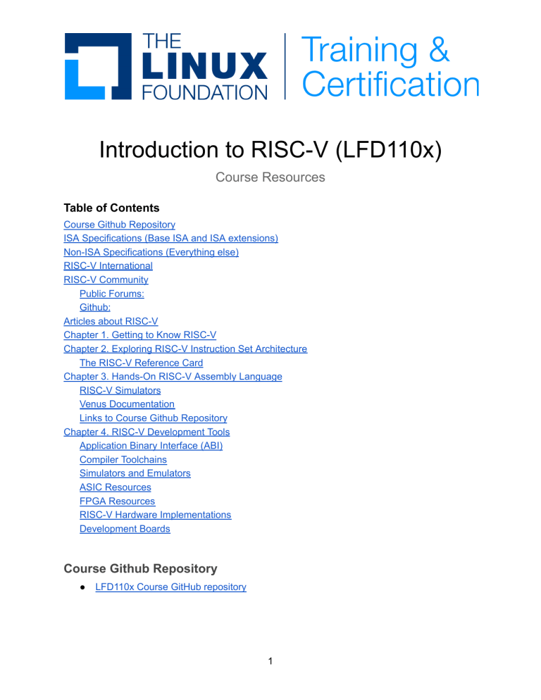 RISC-V Course Resources: ISA, Tools, and Hardware