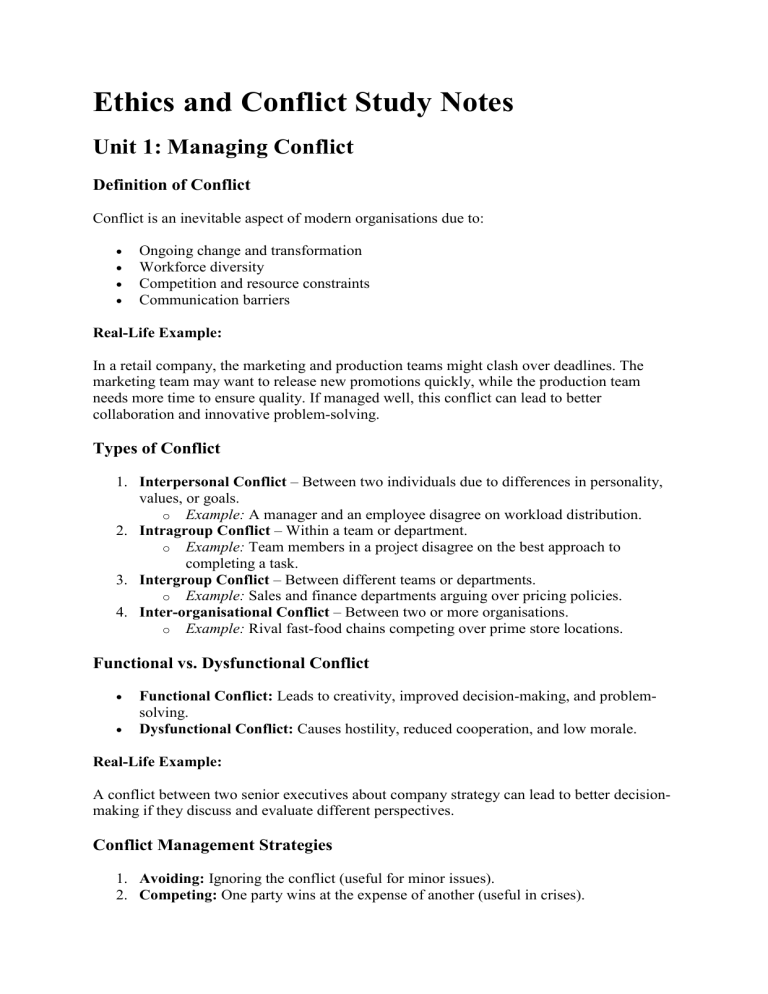 Ethics and Conflict Study Notes: Management & Responsibility