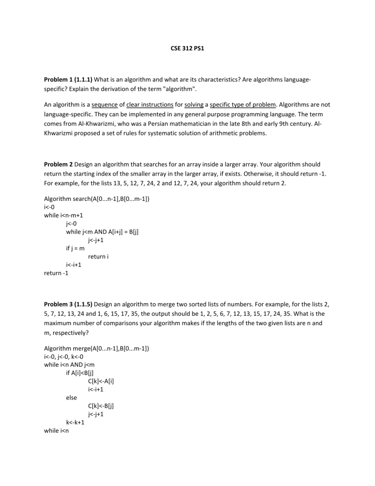 CSE 312 Algorithm Problem Set: Design & Analysis
