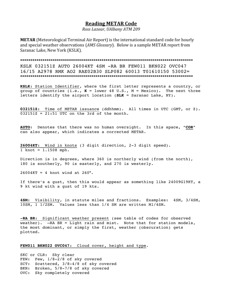 Reading METAR Code: Weather Observation Worksheet