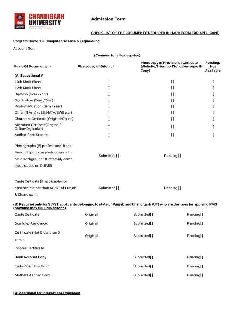 Chandigarh University BE CSE Admission Form