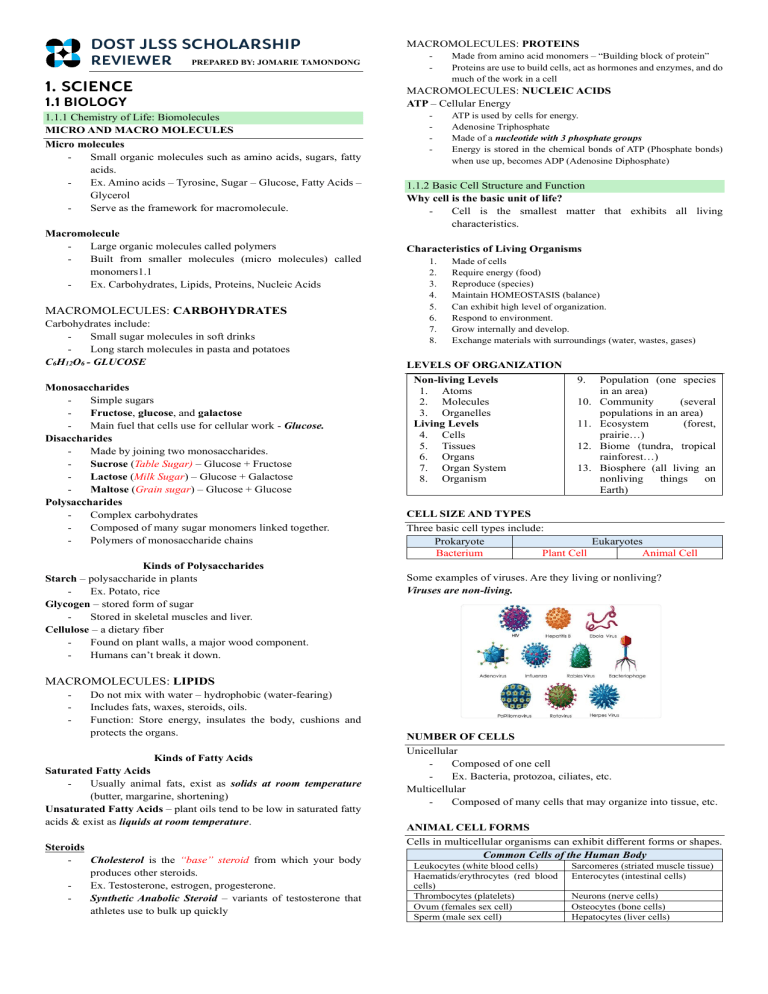 DOST JLSS Biology Reviewer: Biomolecules & Cell Biology