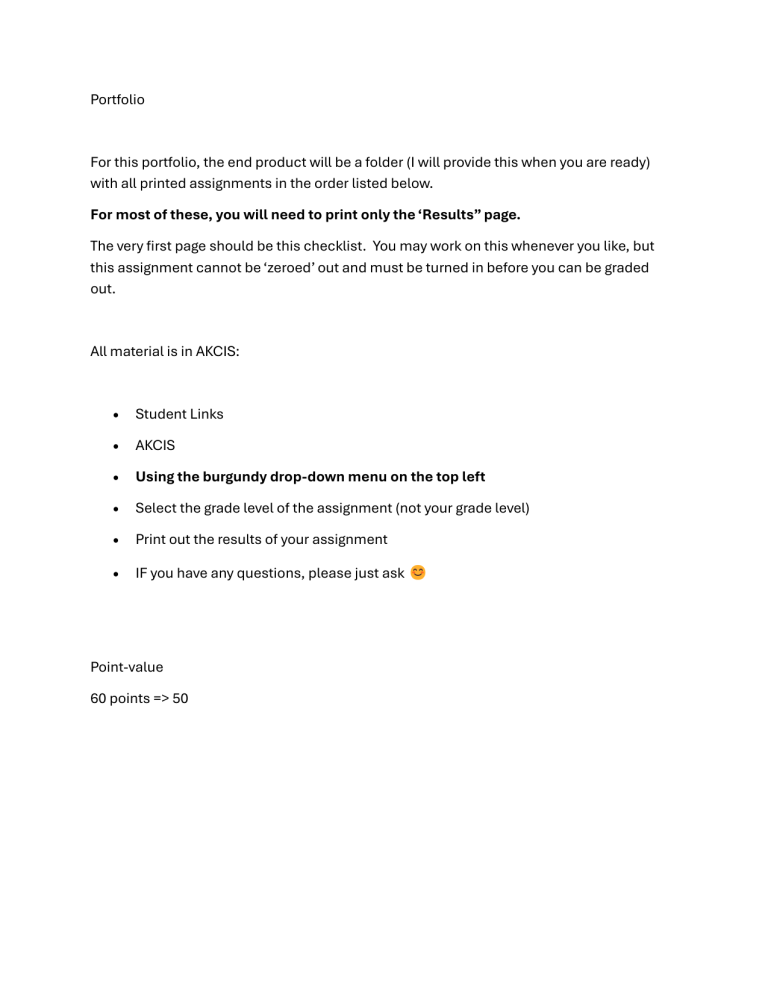 AKCIS Career Portfolio Checklist for High School Students