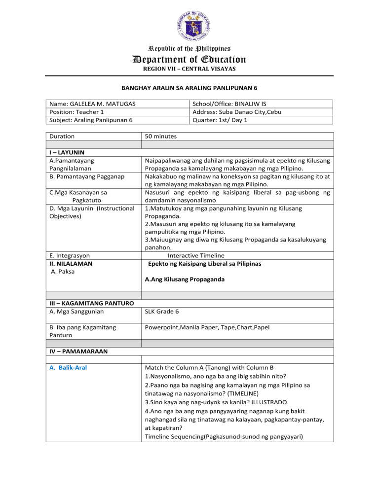 Araling Panlipunan 6: Kilusang Propaganda Lesson Plan