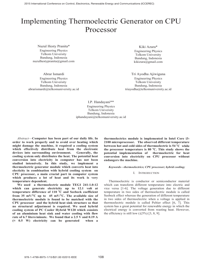 Thermoelectric Generator on CPU Processor