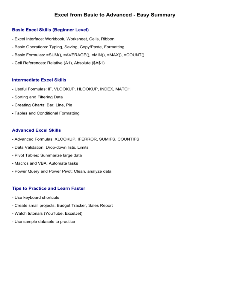 Excel Skills Summary: Basic to Advanced