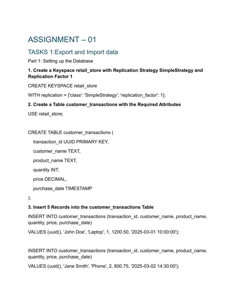 Cassandra Data Export/Import & Definition Assignment