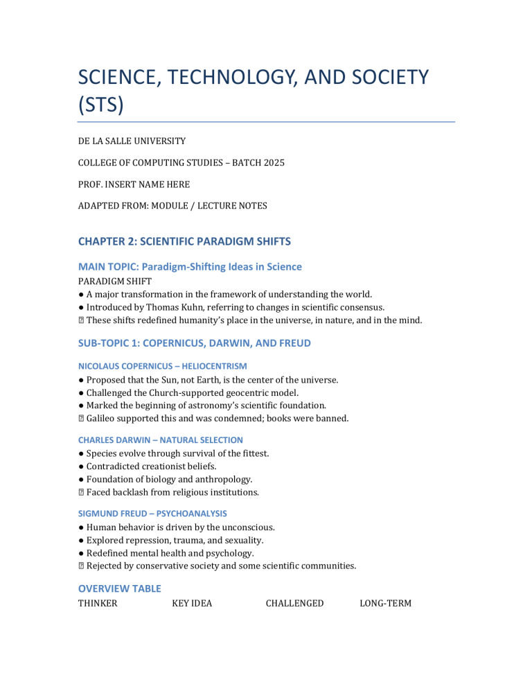 Paradigm Shifts in Science: Copernicus, Darwin, Freud