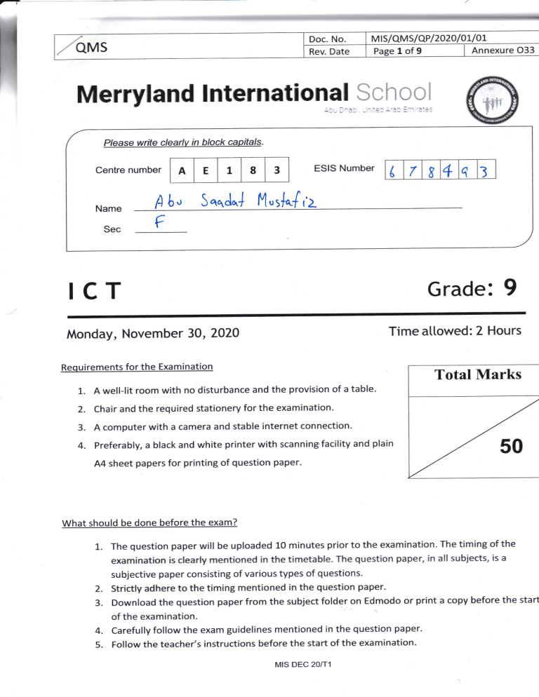 ICT Grade 9 Exam Paper