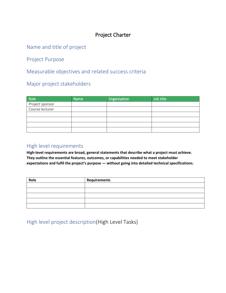 Project Charter Template: Objectives, Stakeholders, Requirements