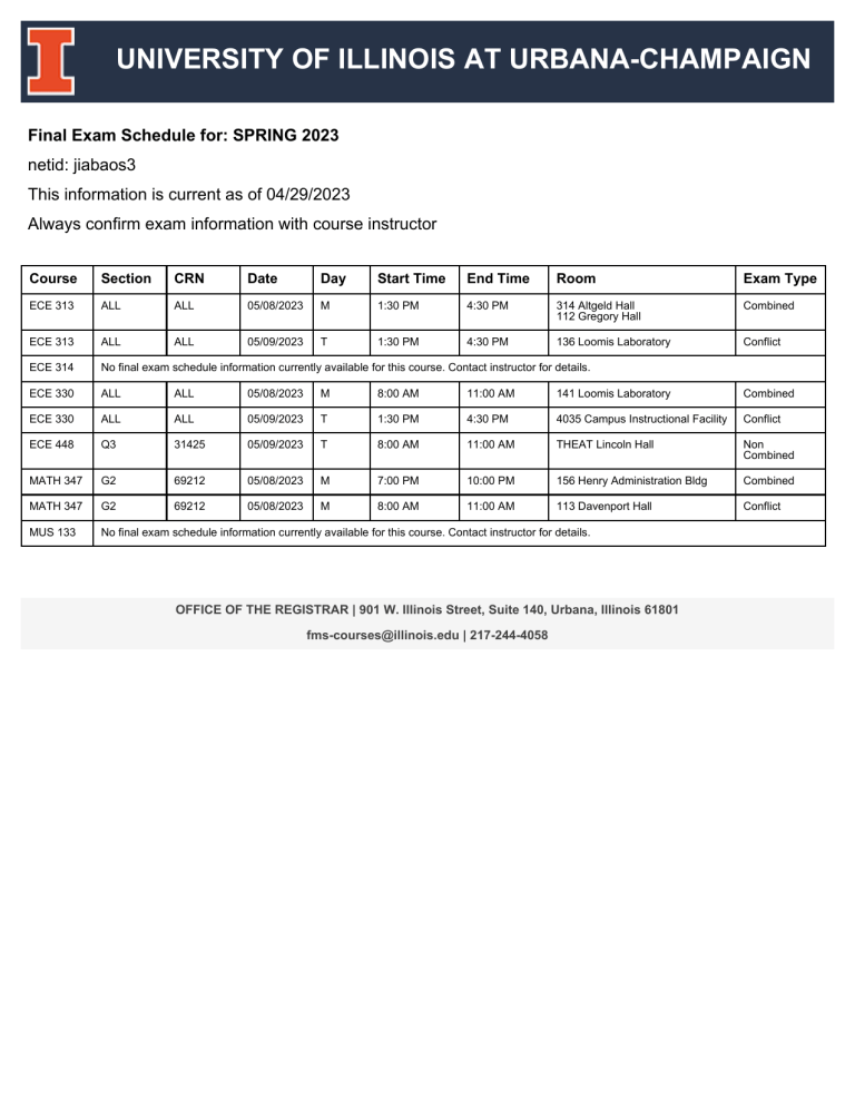 UIUC Spring 2023 Final Exam Schedule