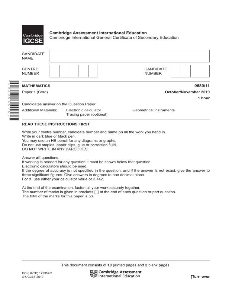 Cambridge IGCSE Mathematics (Core) Exam Paper 2019