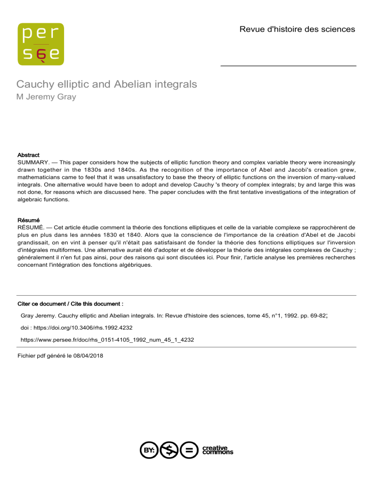 Cauchy, Elliptic & Abelian Integrals: History of Science