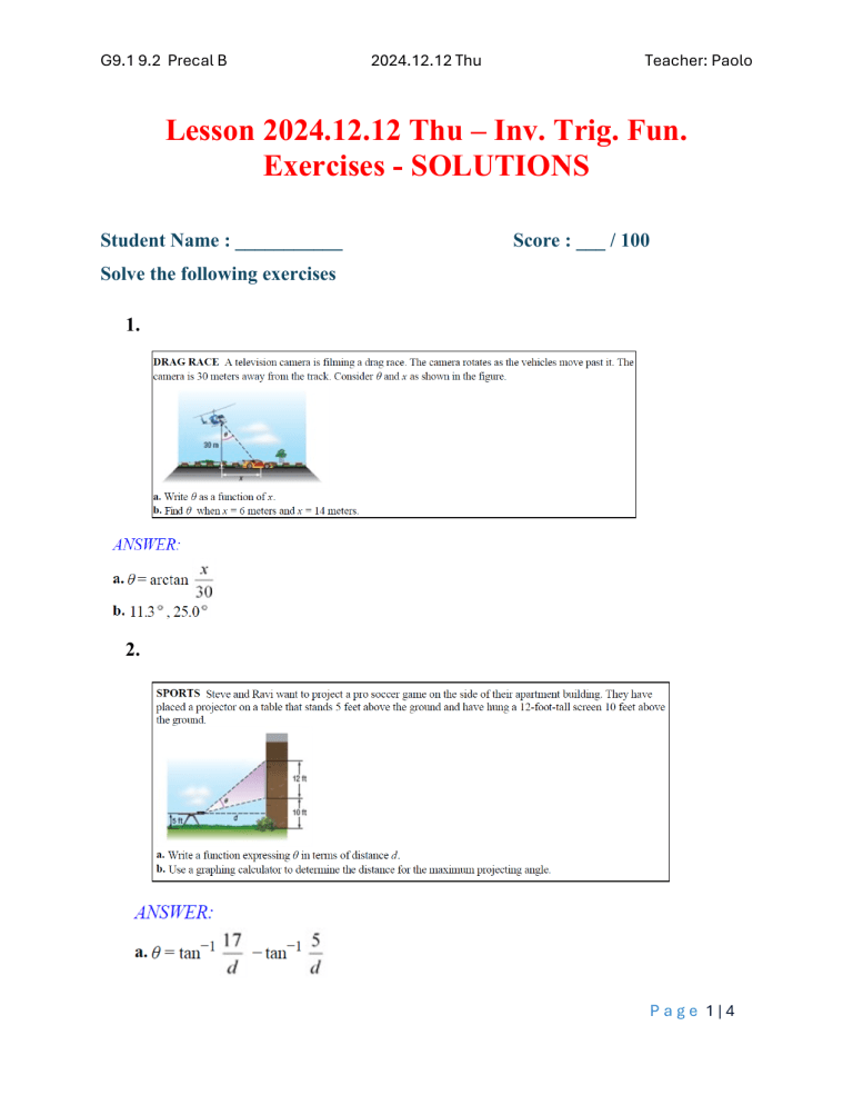 Precalculus: Inverse Trigonometric Functions Exercises & Solutions