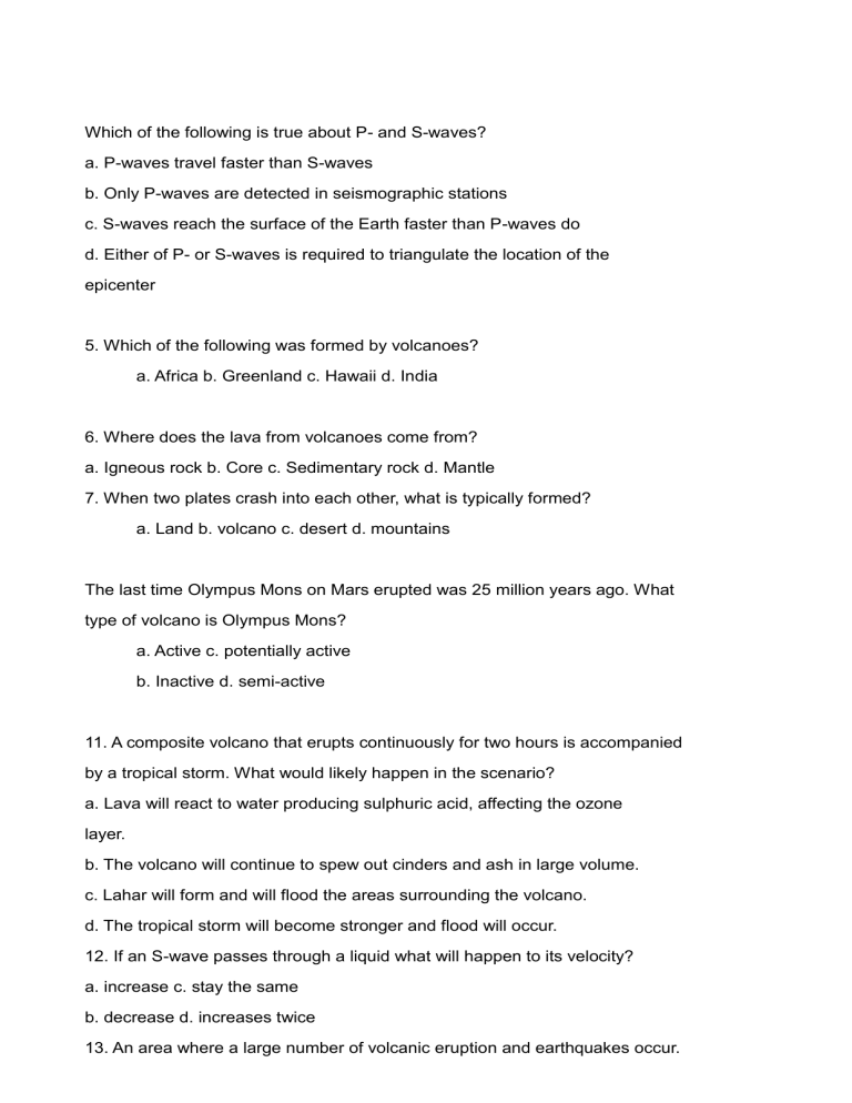 Earth Science Quiz: Waves, Volcanoes, and Earthquakes