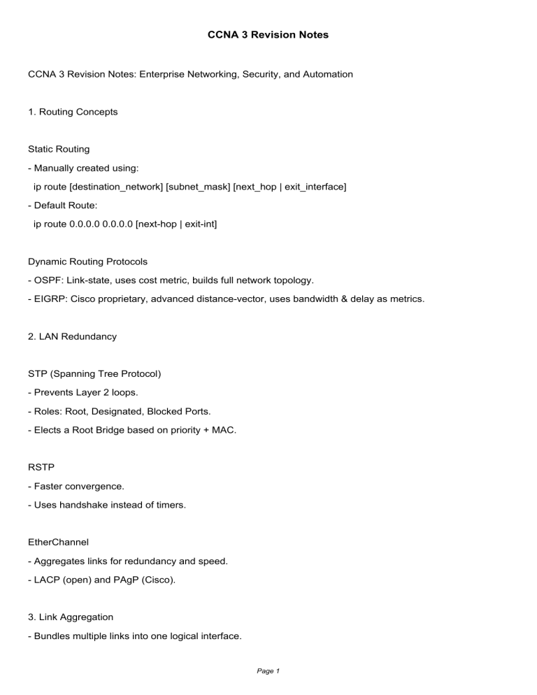 Ccna 3 Revision Notes Networking Security Automation