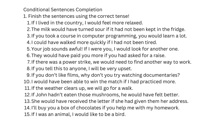 Conditional Sentences Exercise: Grammar Practice