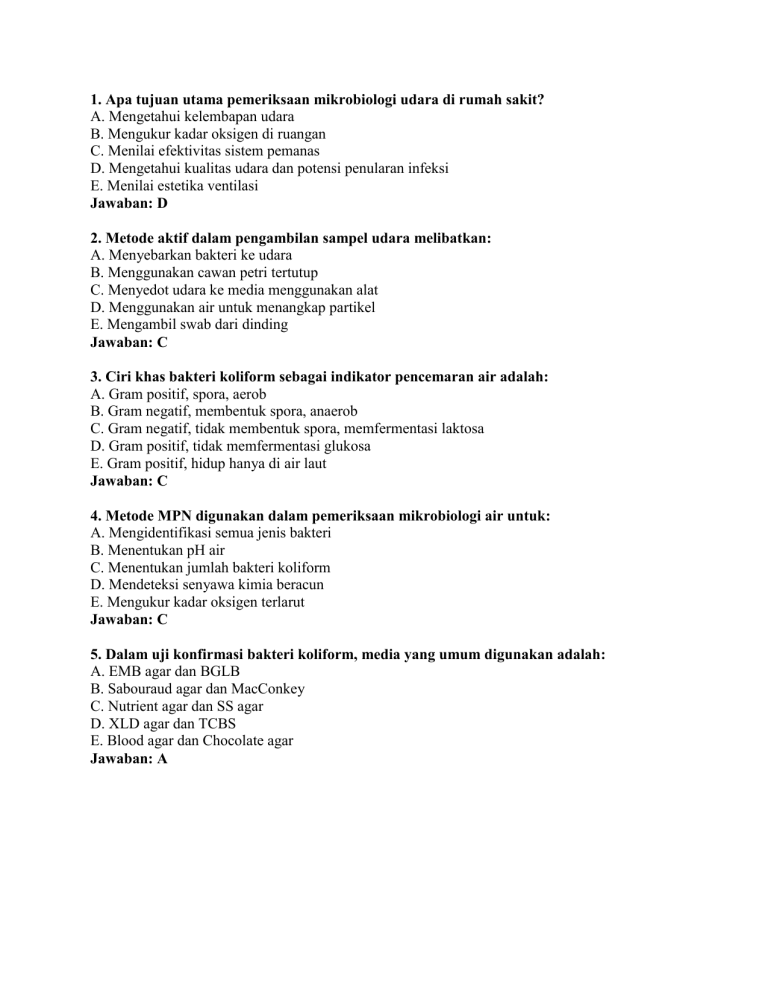 Soal Mikrobiologi: Pemeriksaan Udara, Air, dan Bakteri Koliform