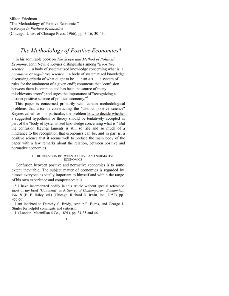 Methodology of Positive Economics by Milton Friedman