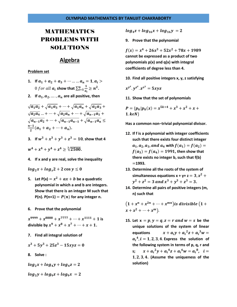 Olympiad Math Problems with Solutions: Algebra & Number Theory